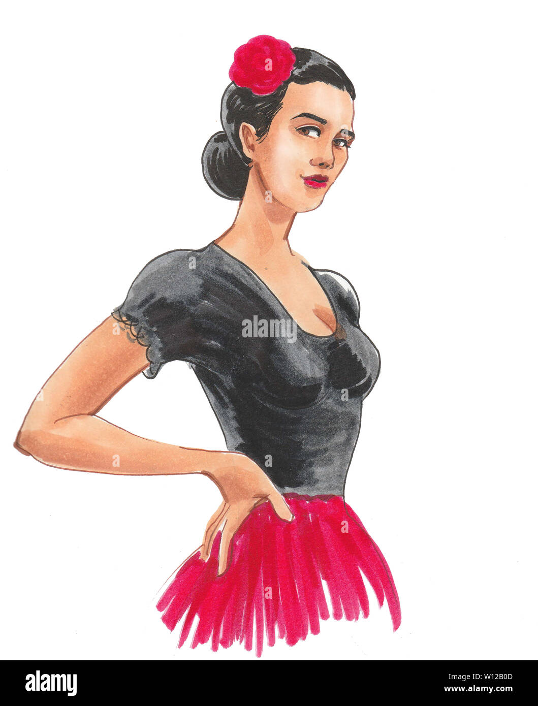 Pretty Flamenco dancer. Ink and watercolor illustration Stock Photo - Alamy