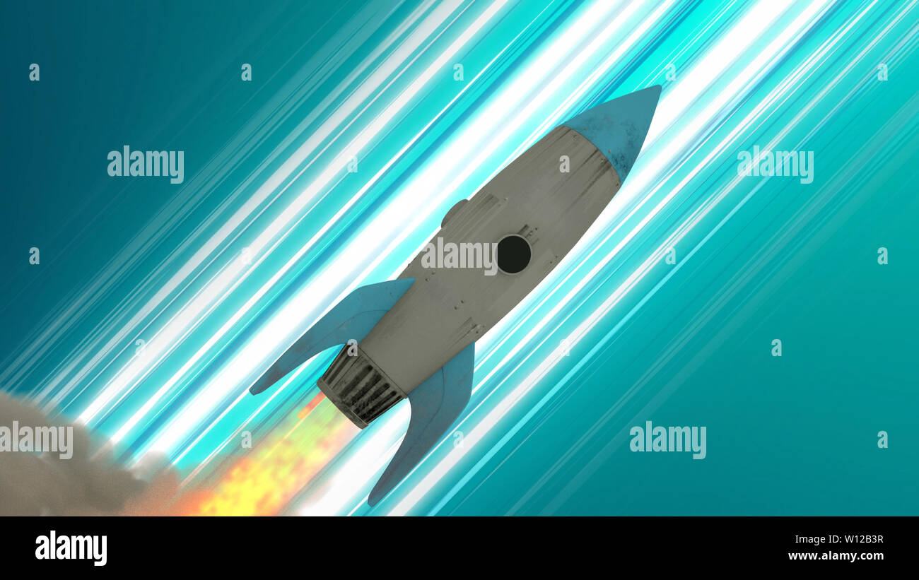 Rocket Ship Flying Through Space. Blue Diagonal Anime Speed Lines. 3d ...