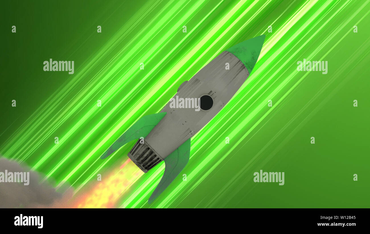 Rocket Ship Flying Through Space. Green Diagonal Anime Speed Lines. 3d ...