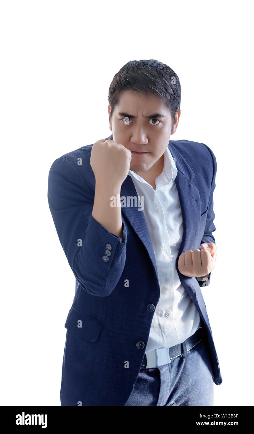 smart asian businessman punch action figthing concept on white isolated ...