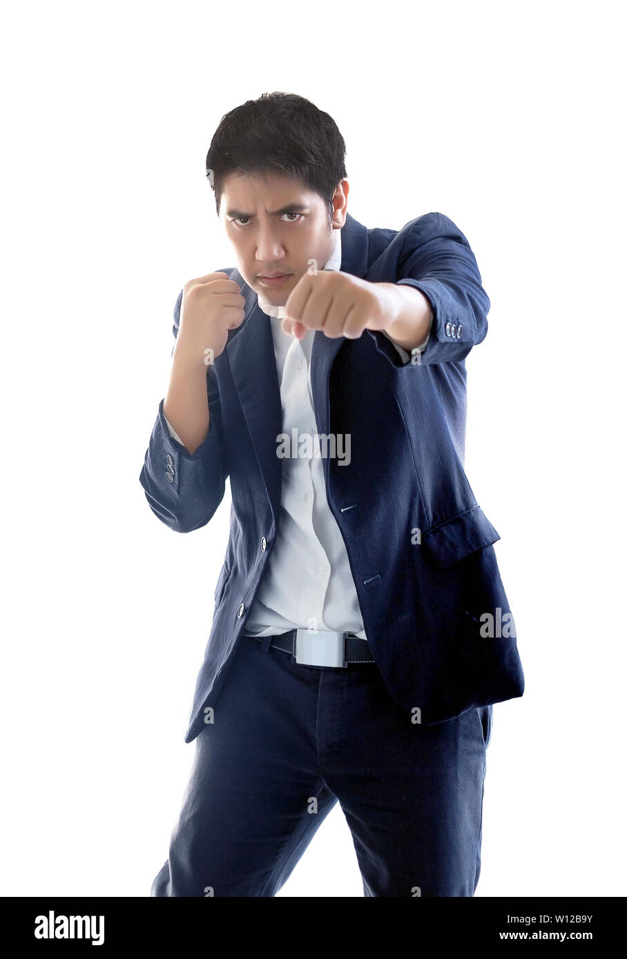 smart asian businessman punch action fighting concept on white isolated ...