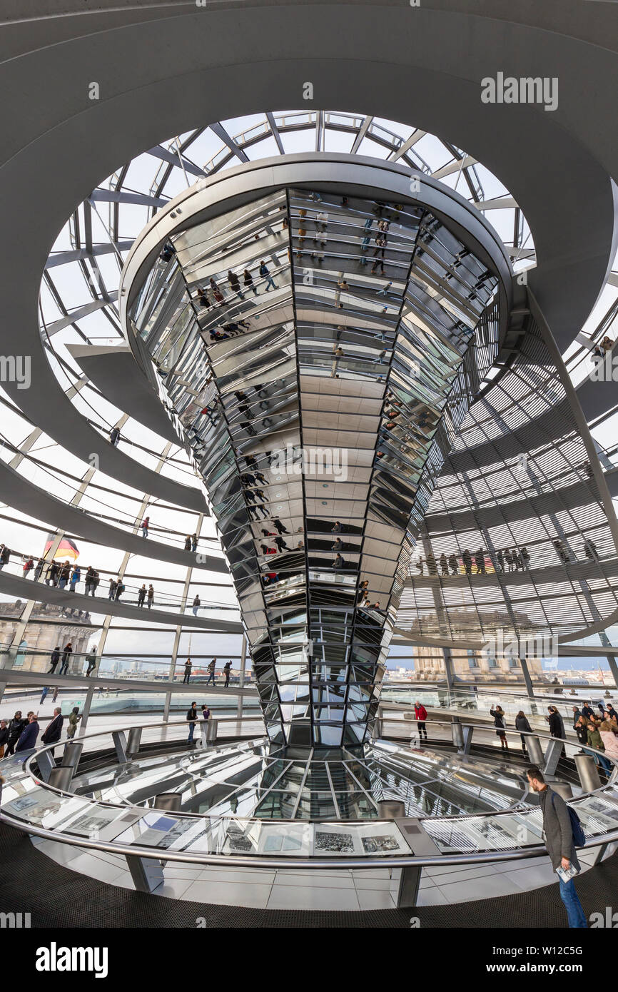 Mirrored cone and tourists inside the futuristic glass dome on top of ...