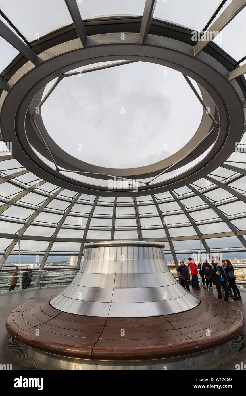 People atop inside the futuristic glass dome at the Reichstag (German ...