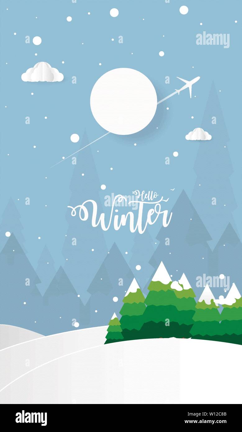 scenery in the winter with flying tourist flight and snowy hills Stock ...