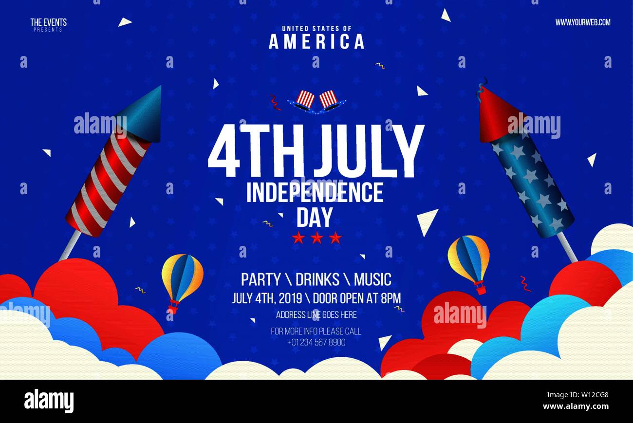 independence day flyer party with confetti, stars, rockets Stock Vector ...