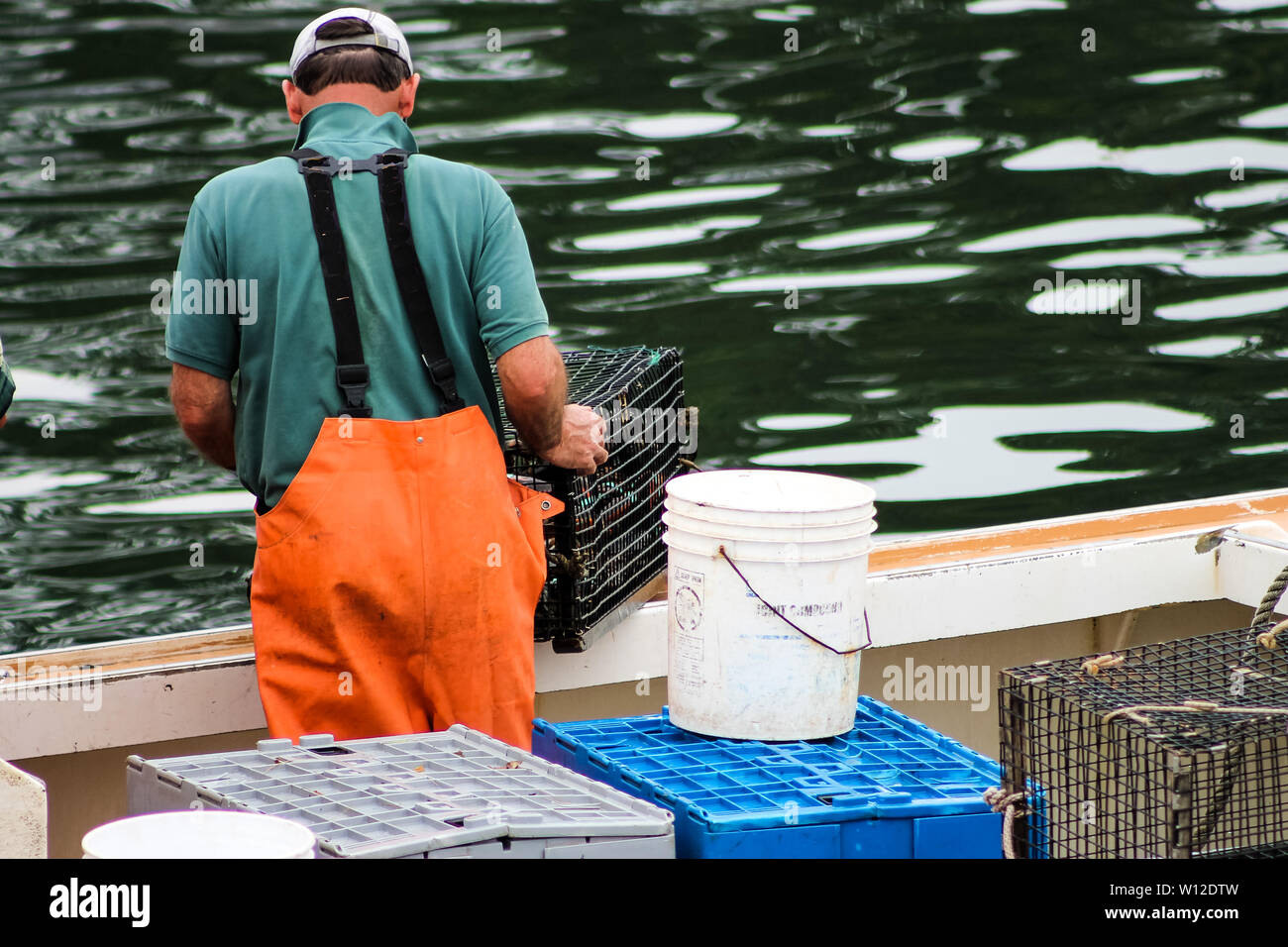 Lobster fisherman pulling a lobster pot into his boat Stock Photo - Alamy