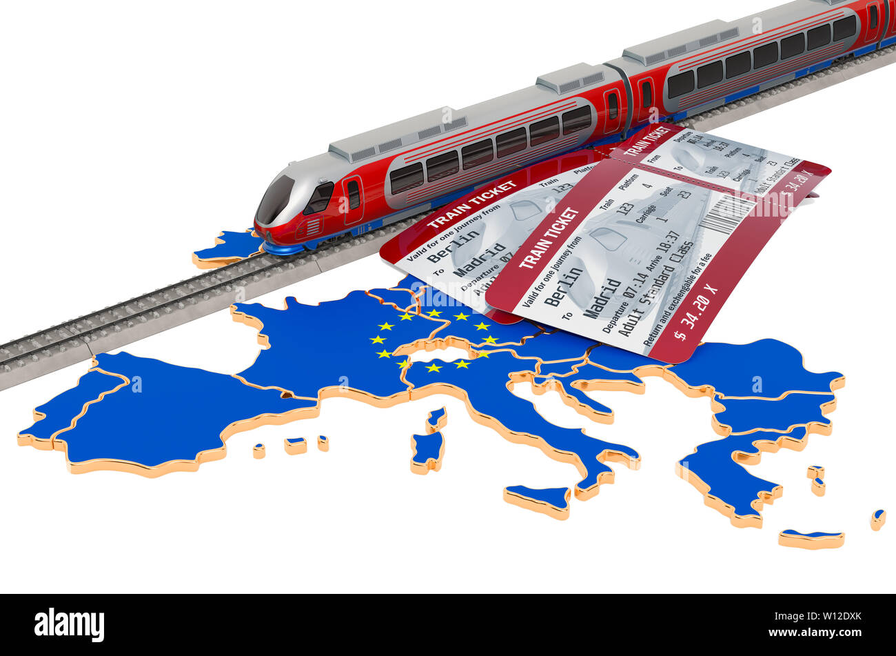 Train travel in the European Union, concept. 3D rendering isolated on ...