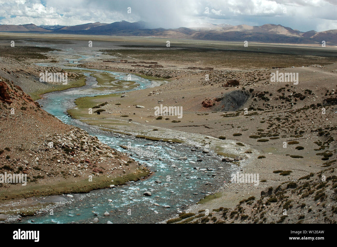 River near Mount Kailash in the Tibetan valley with mountains in the ...