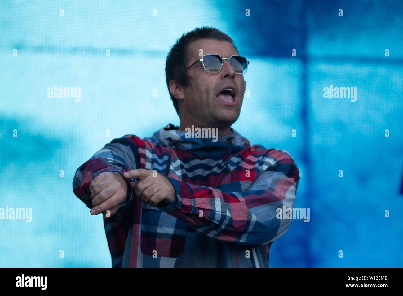 Liam Gallagher on the Pyramid Stage during the Glastonbury Festival, at ...