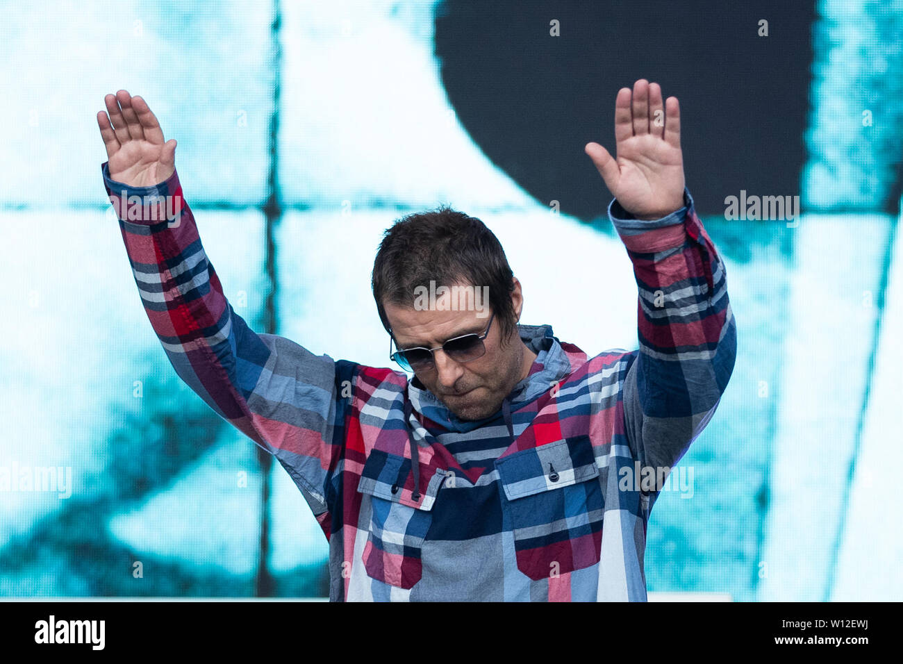 Liam Gallagher on the Pyramid Stage during the Glastonbury Festival, at ...