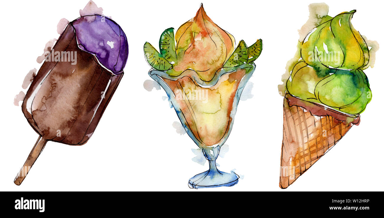 Tasty ice cream in a watercolor style. Aquarelle sweet dessert ...