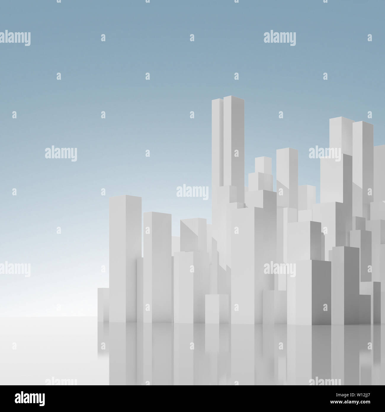 Abstract city skyline under blue sky. Digital model with geometric tall ...