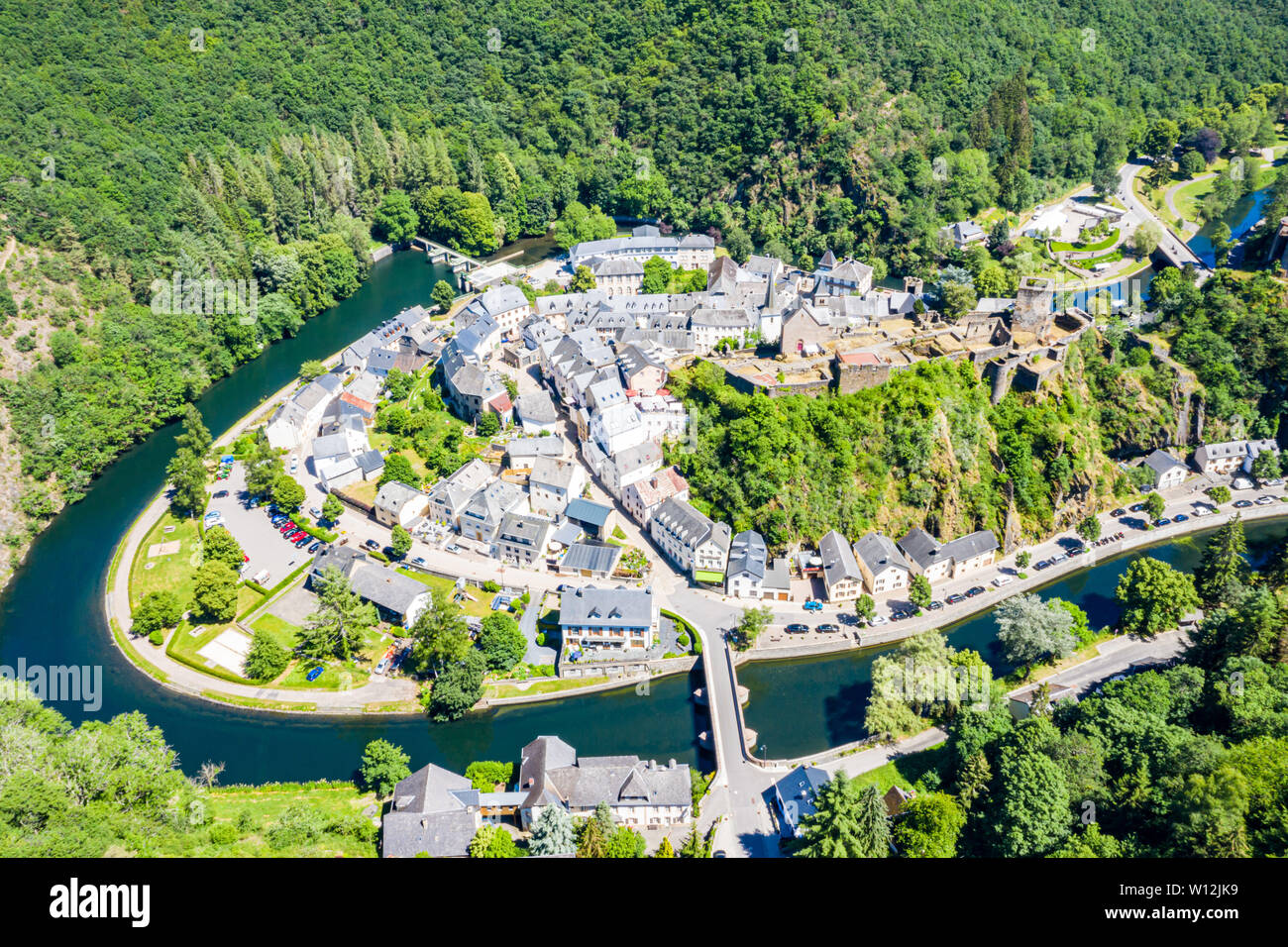 Aerial view of Esch-sur-Sure, medieval town in Luxembourg, dominated by ...