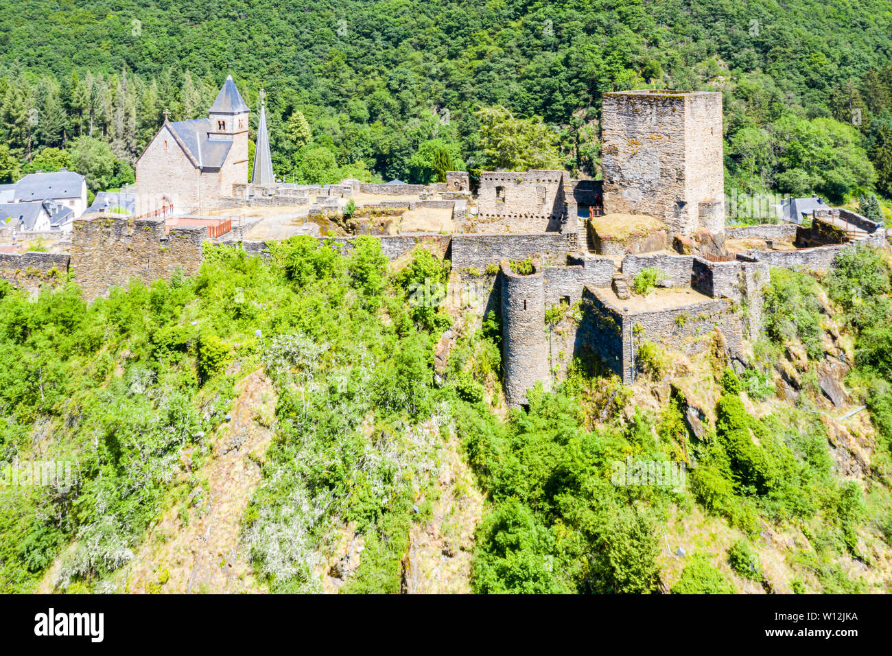 Aerial view of Esch-sur-Sure, medieval town in Luxembourg, dominated by ...