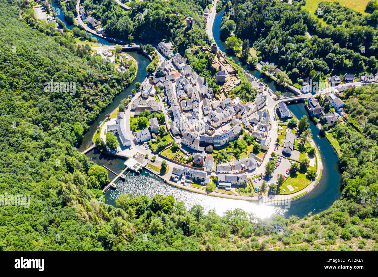Aerial view of Esch-sur-Sure, medieval town in Luxembourg, dominated by ...