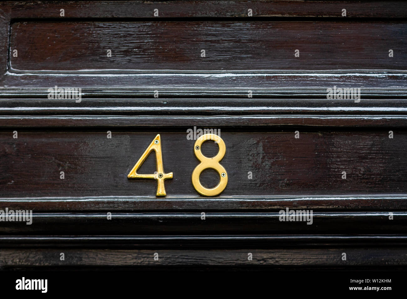 House number 48 with the forty-eight in metal digits on a black painted ...