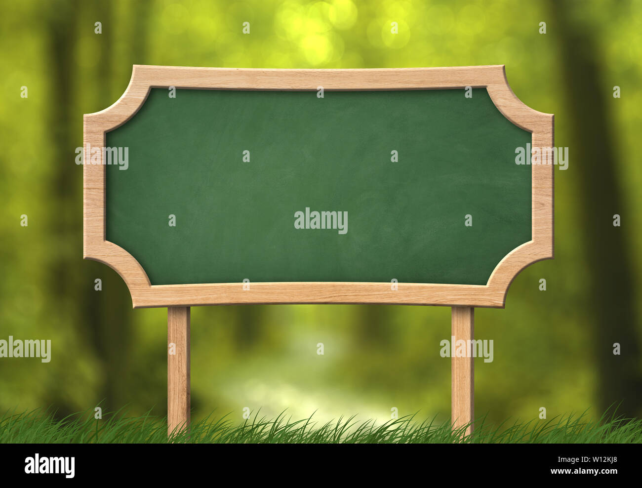 Empty decorative green blackboard signboard with forest background ...