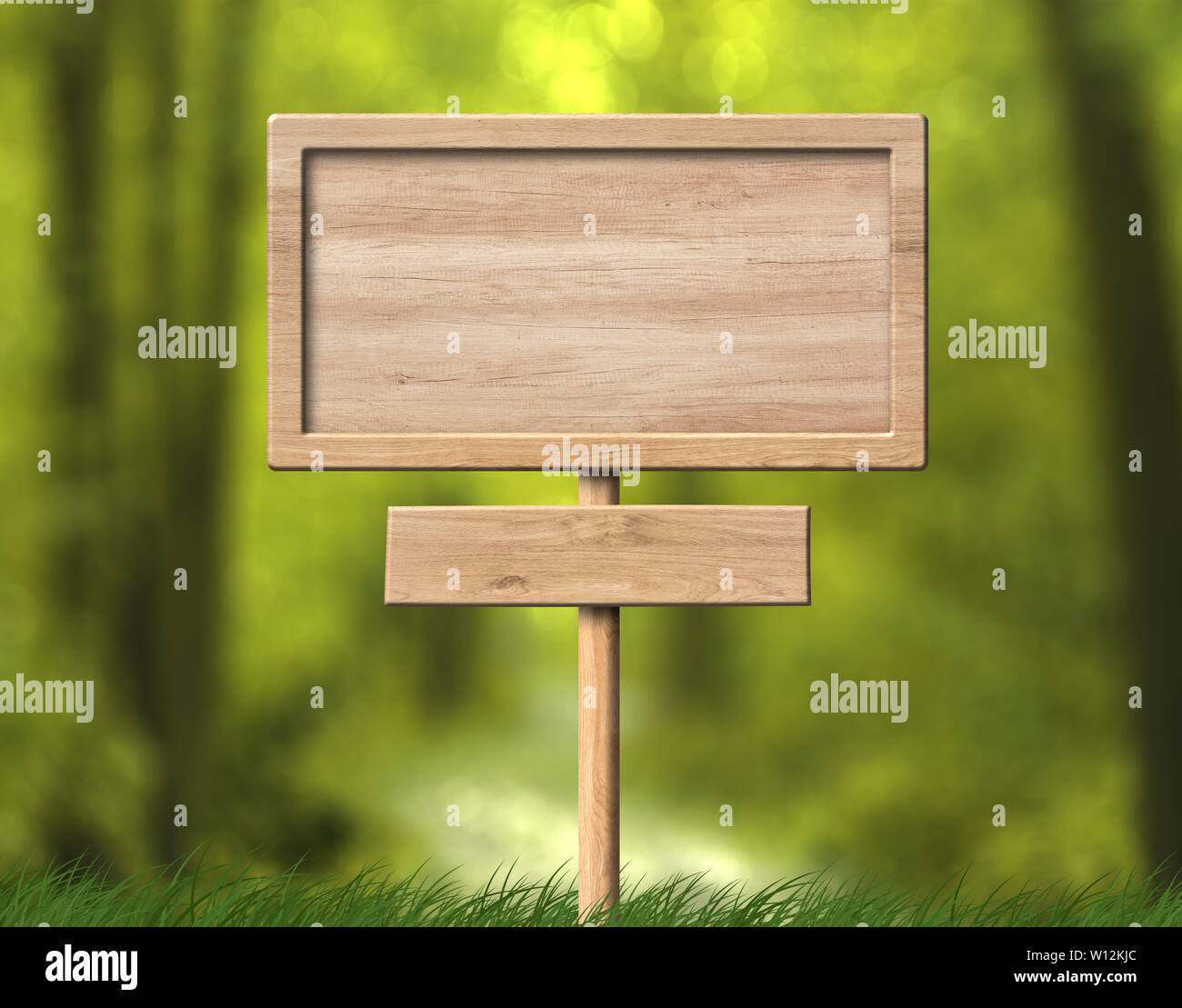 Empty double signboard with wood frame single pole and blurred forest ...