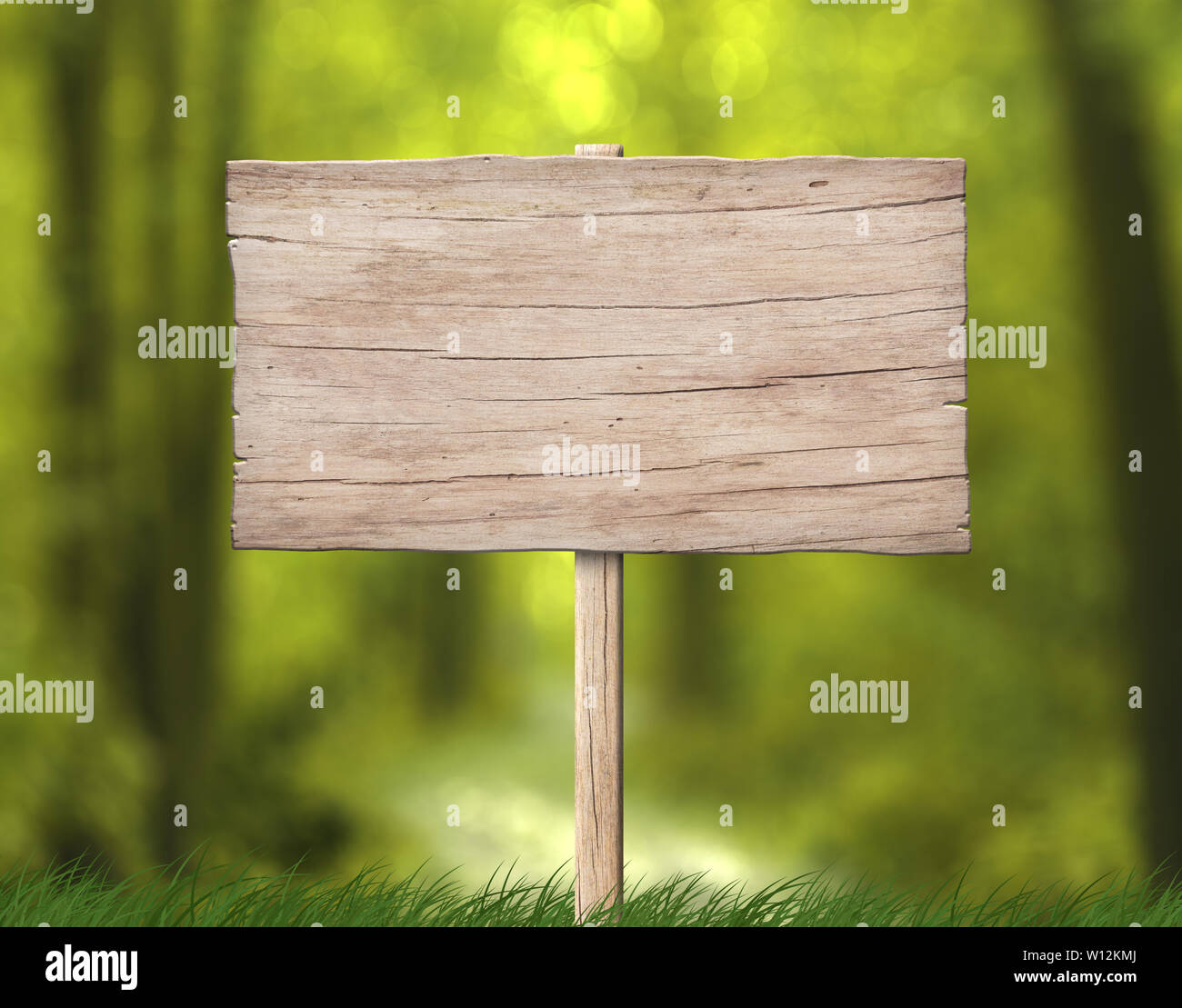 Empty old weathered wood signboard made of bright wood with pole and ...