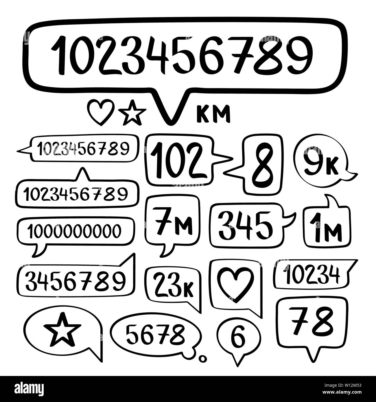 Hand drawn doodle speech bubbles set and social counter with numbers ...