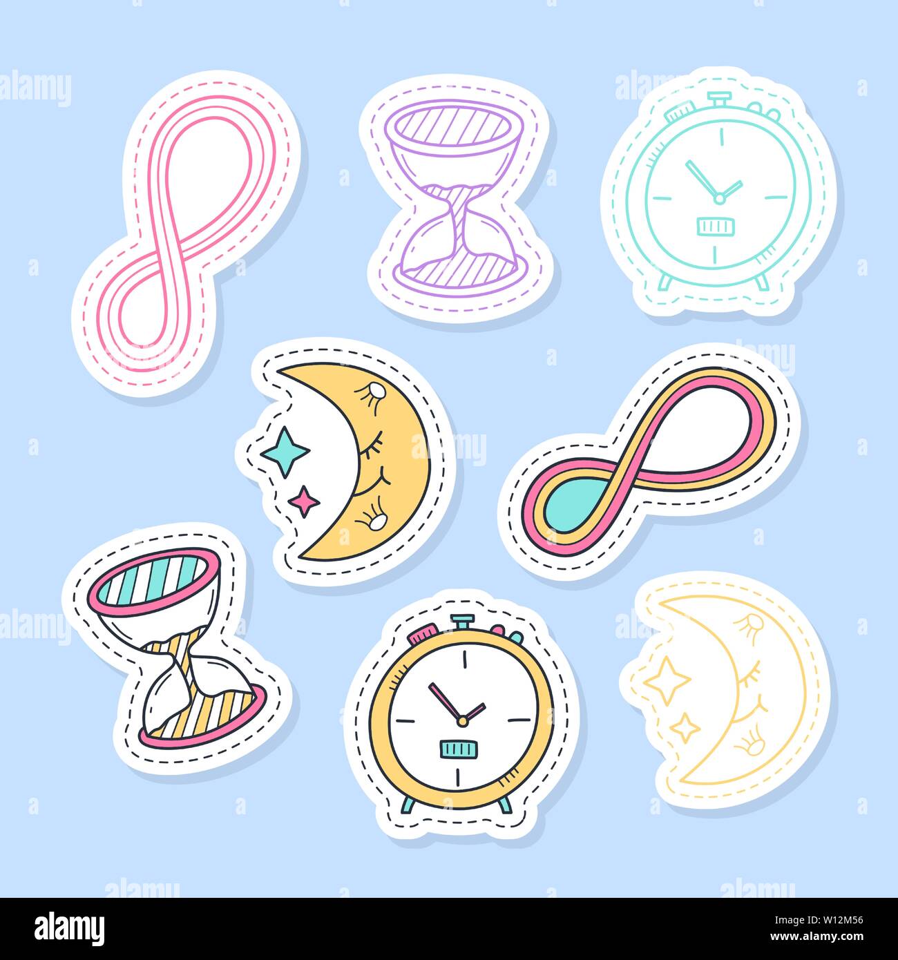 Set of time stickers, pins, patches and handwritten collection in ...