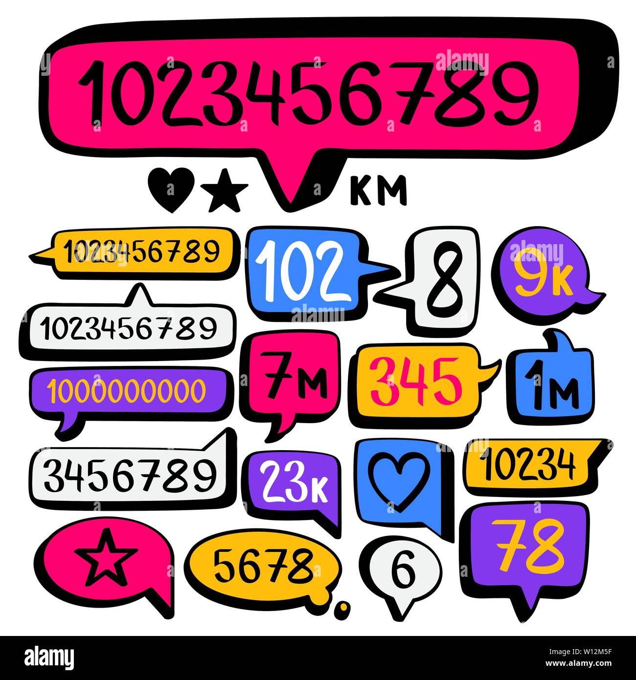 Hand drawn doodle speech bubbles set and social counter with numbers ...