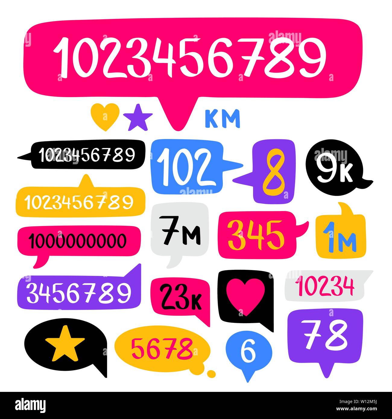 Hand drawn doodle speech bubbles set and social counter with numbers ...