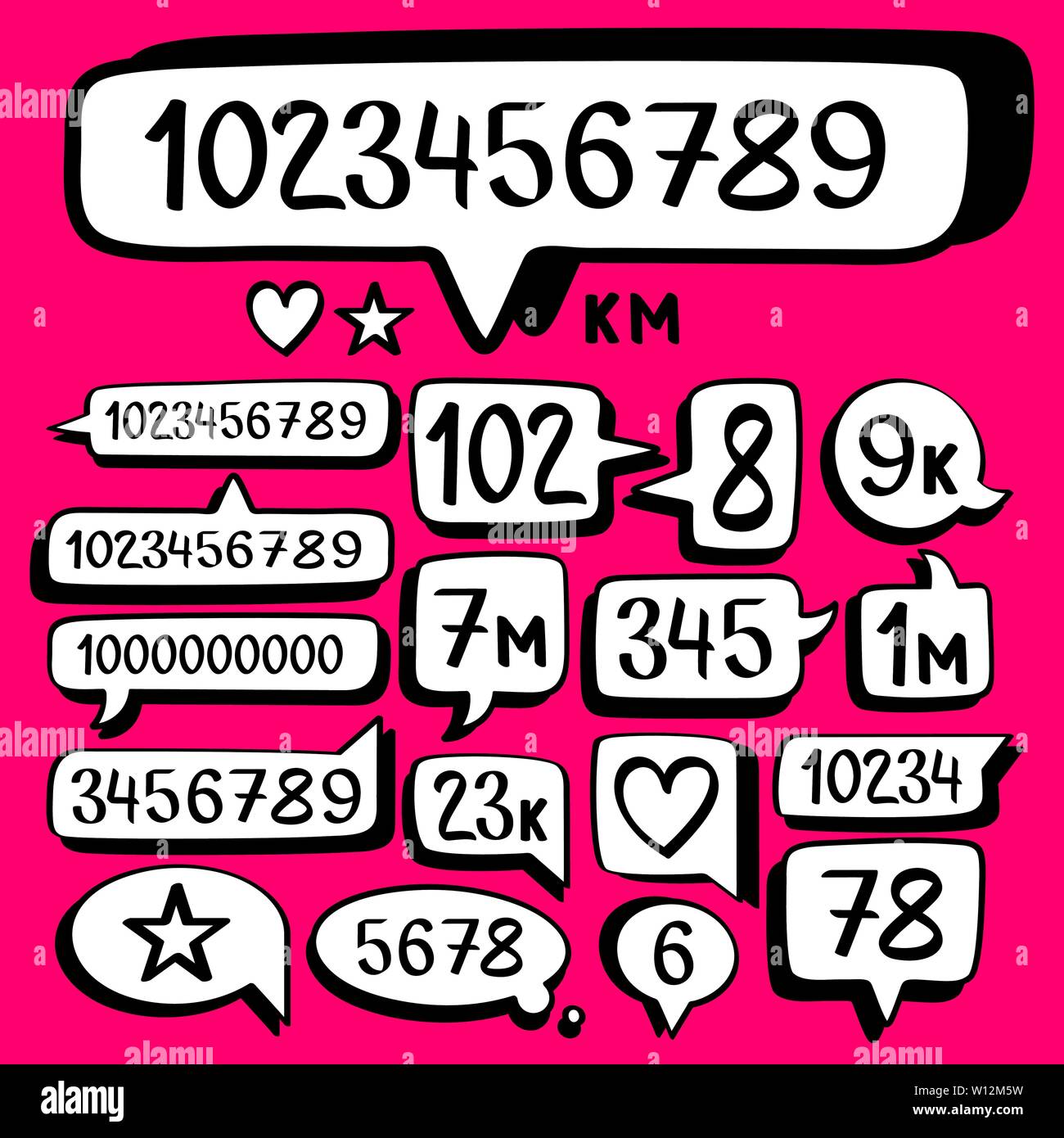 Hand drawn doodle speech bubbles set and social counter with numbers ...