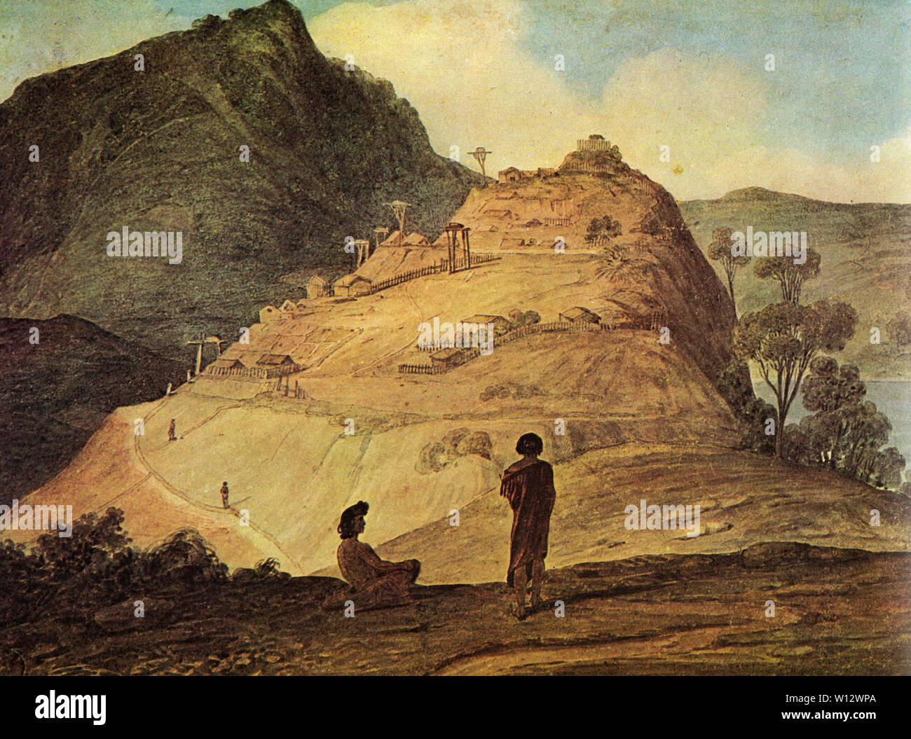 A couple of Maori inspect Rangihoua Pa, a fortified village on the ...