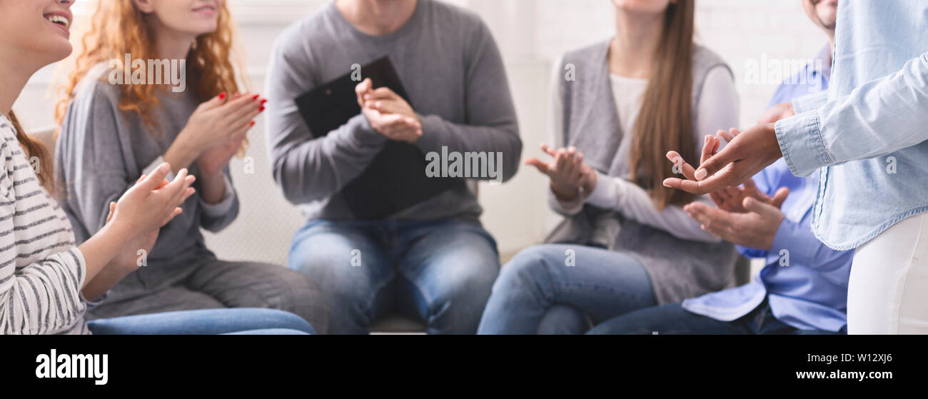 Happy patient has breakthrough in group therapy Stock Photo - Alamy