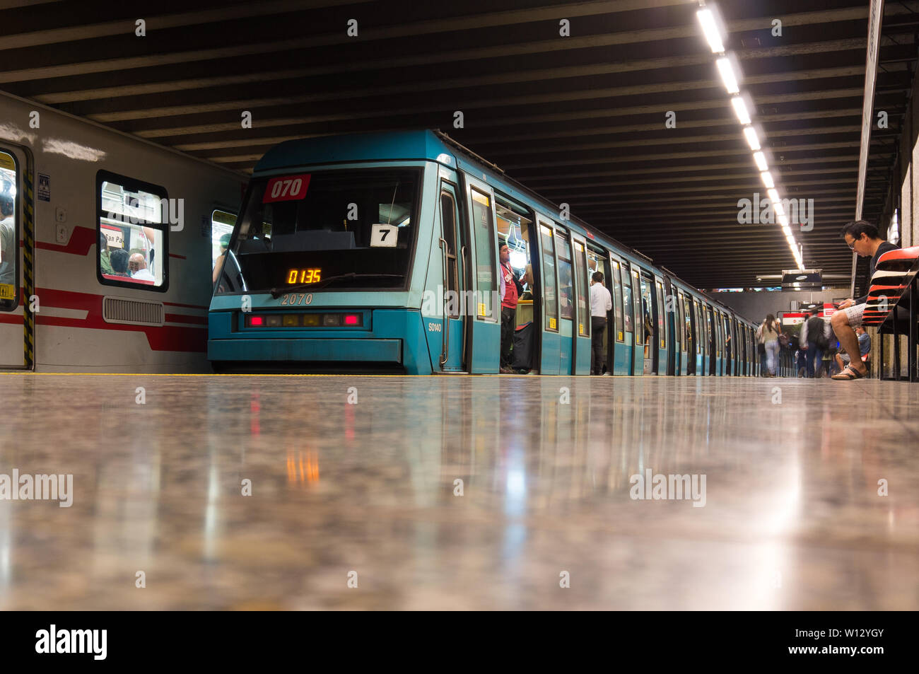 SANTIAGO, CHILE - MARCH 2016: Santiago Metro trains at Salvador station ...