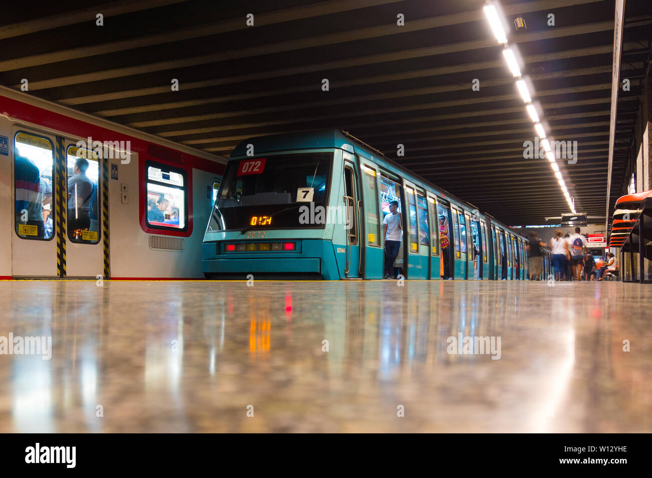 SANTIAGO, CHILE - MARCH 2016: Santiago Metro trains at Salvador station ...