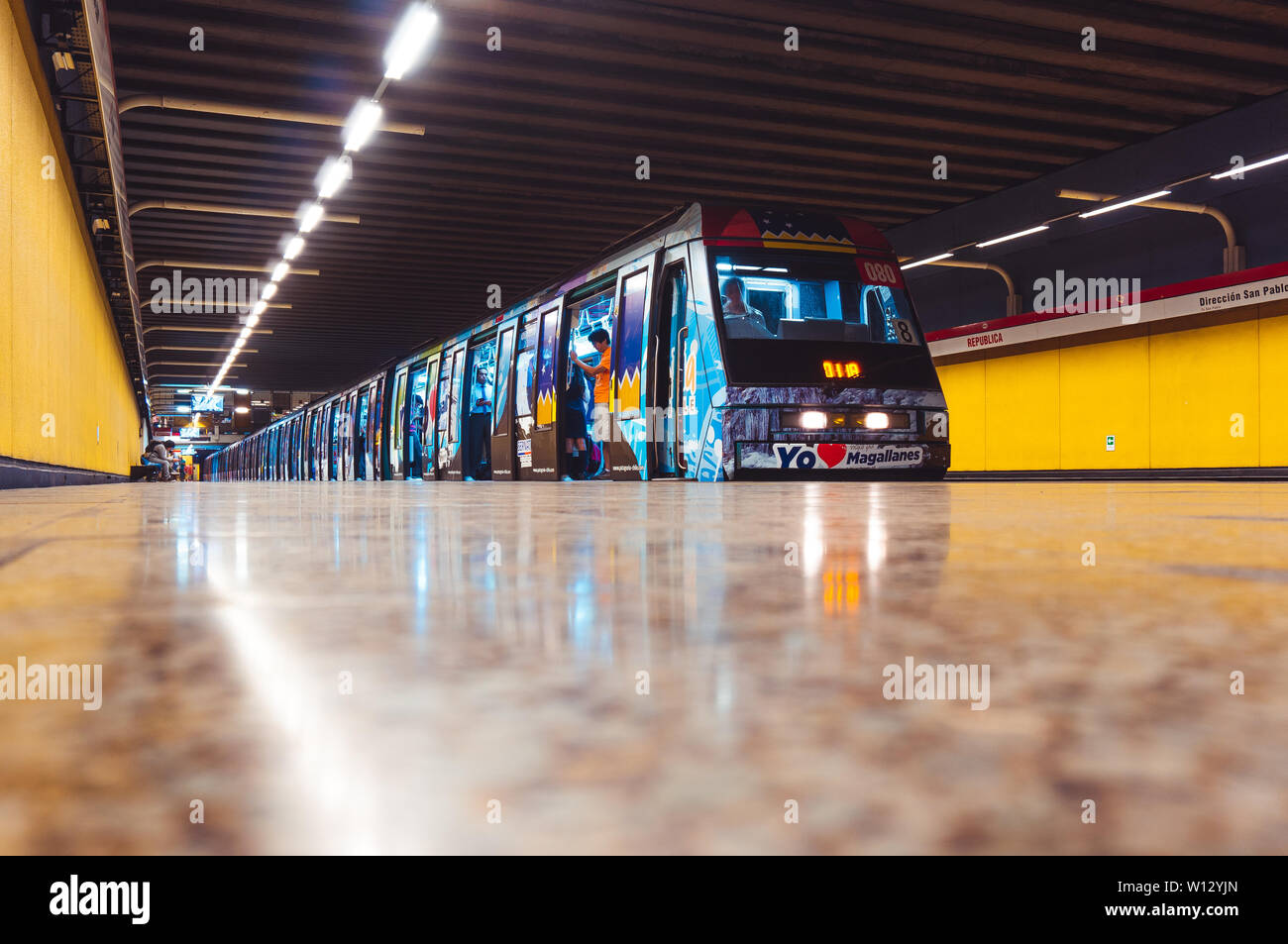 SANTIAGO, CHILE - MARCH 2016: A branded Santiago Metro train at ...