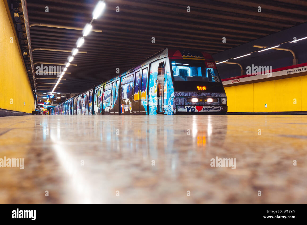 SANTIAGO, CHILE - MARCH 2016: A branded Santiago Metro train at ...