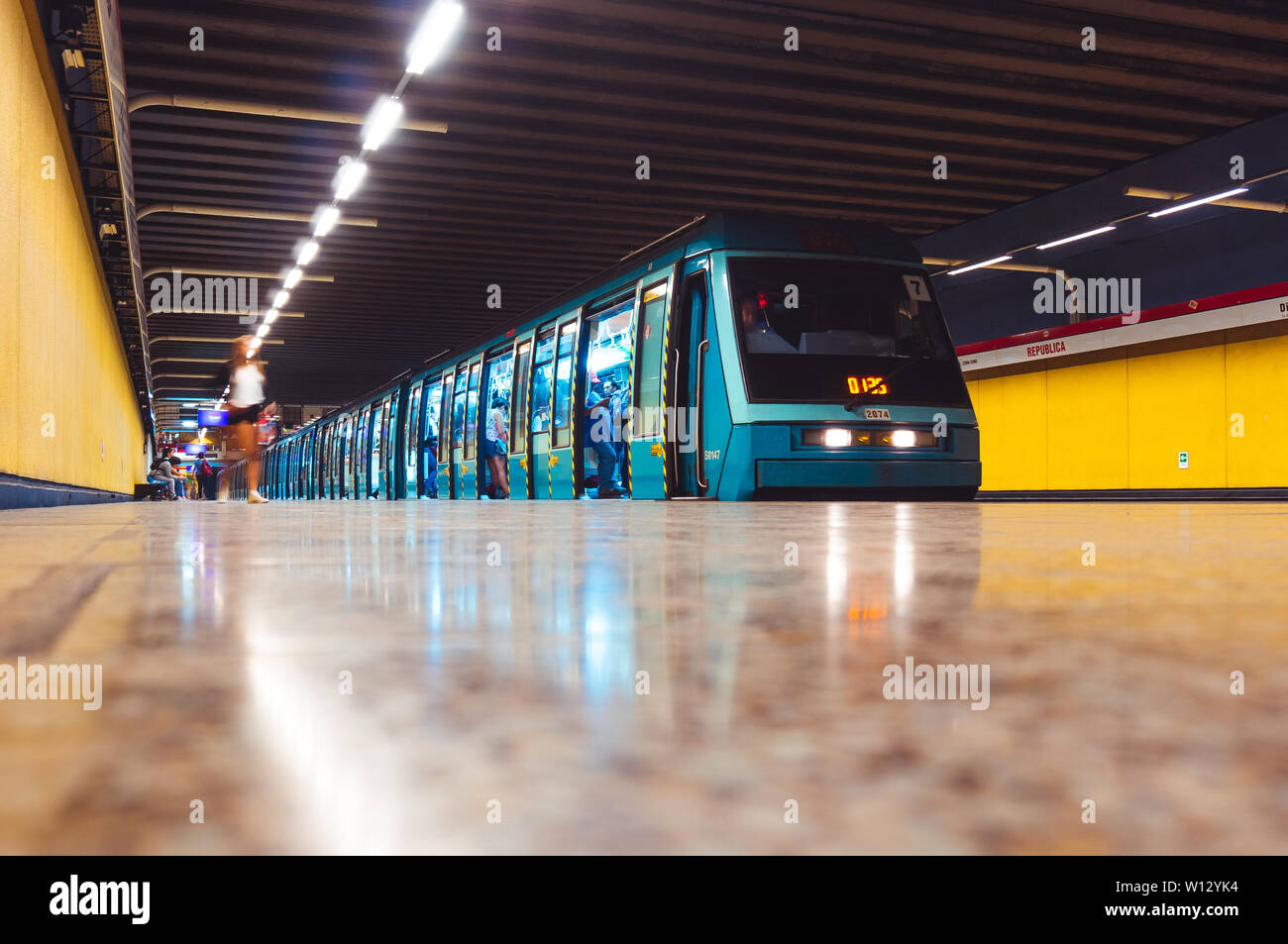 SANTIAGO, CHILE - MARCH 2016: Metro de Santiago NS93 train at República ...