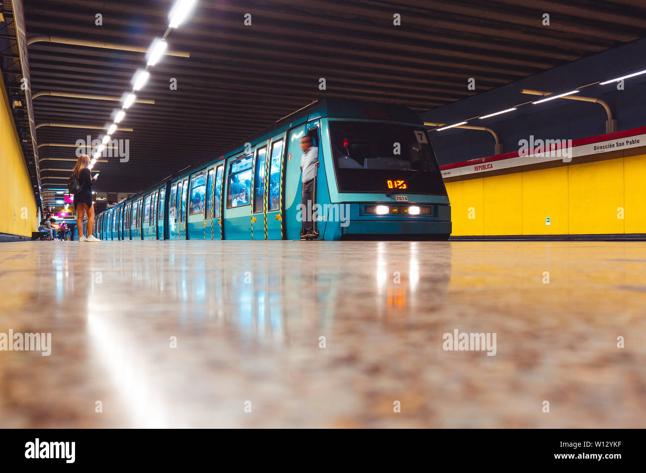 SANTIAGO, CHILE - MARCH 2016: Metro de Santiago NS93 train at República ...