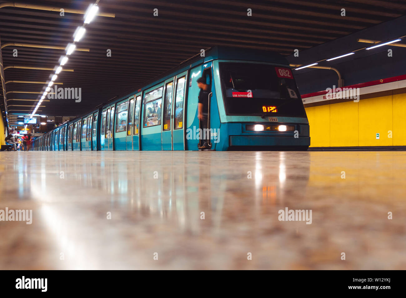 SANTIAGO, CHILE - MARCH 2016: Metro de Santiago NS93 train at República ...
