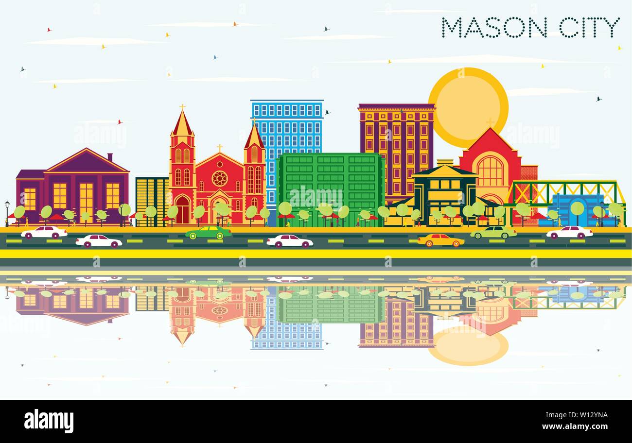 Mason City Iowa Skyline with Color Buildings, Blue Sky and Reflections ...