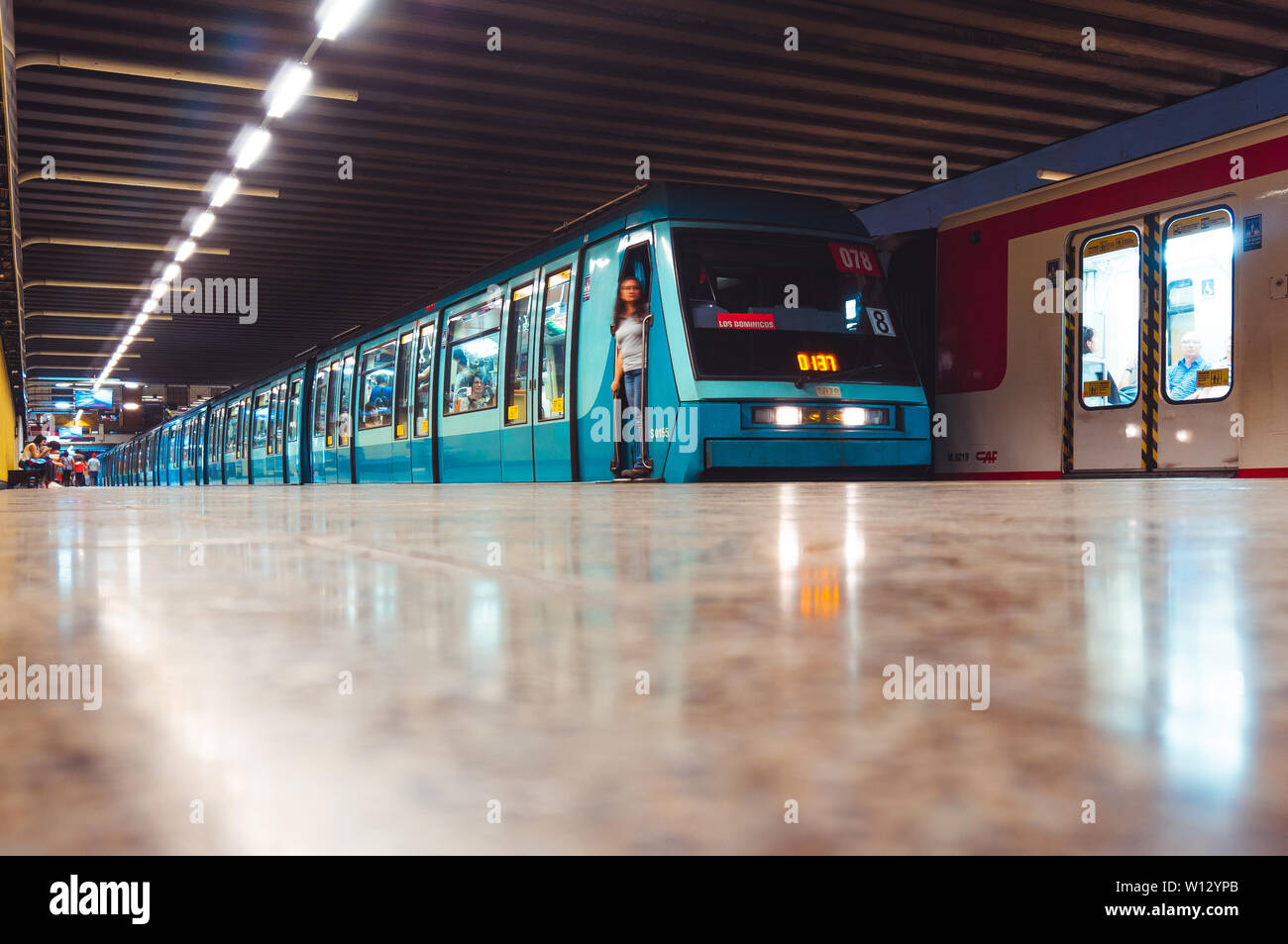 SANTIAGO, CHILE - MARCH 2016: Two Santiago Metro trains at República ...