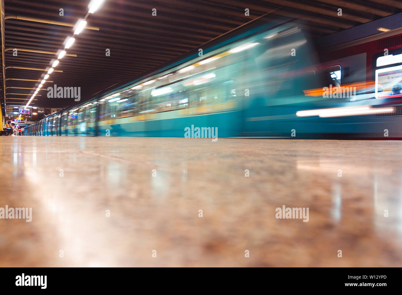 SANTIAGO, CHILE - MARCH 2016: Two Santiago Metro trains at República ...