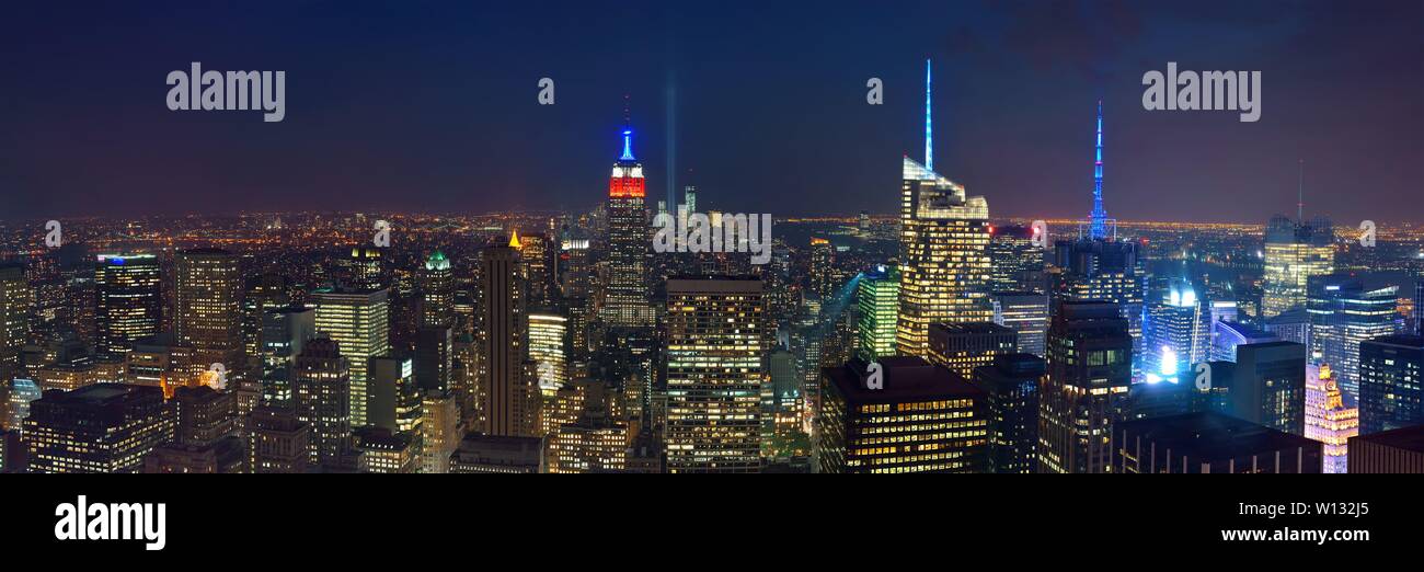 New York City night rooftop view with urban architectures panorama ...