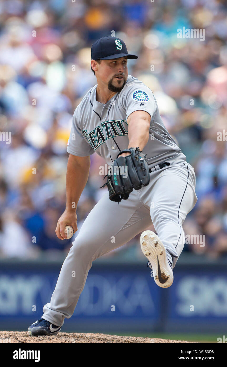 Milwaukee, WI, USA. 27th June, 2019. Seattle Mariners relief pitcher ...
