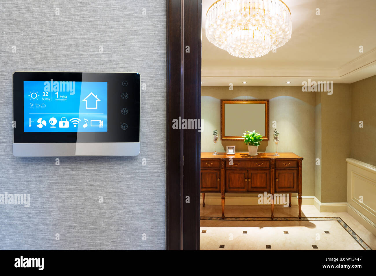 Smart screen with modern living room Stock Photo - Alamy