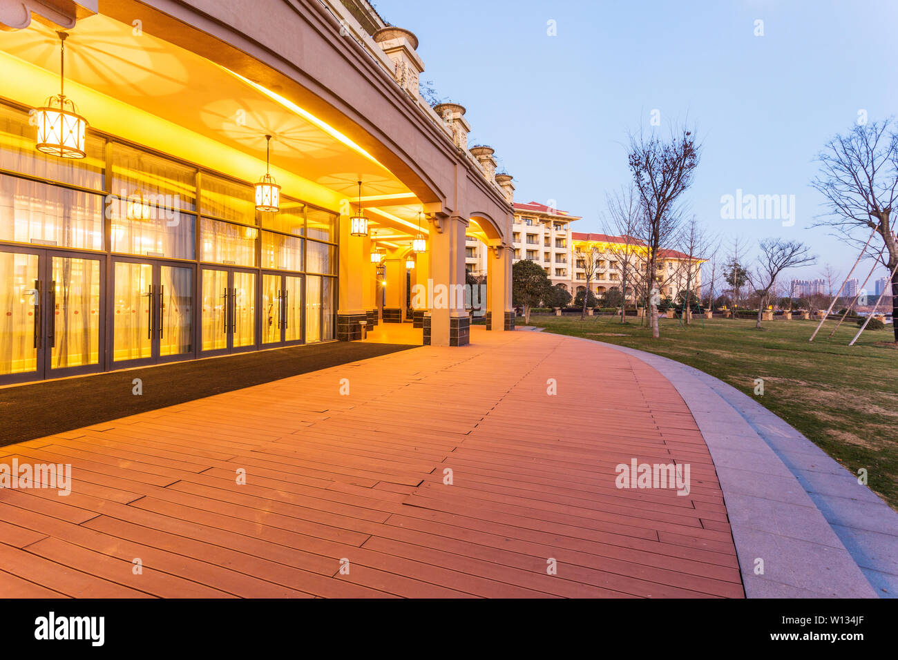 Resort building exterior at night Stock Photo - Alamy