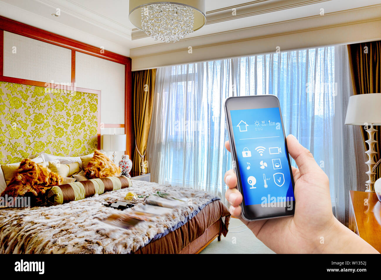 smart phone with smart home with modern bedroom Stock Photo - Alamy