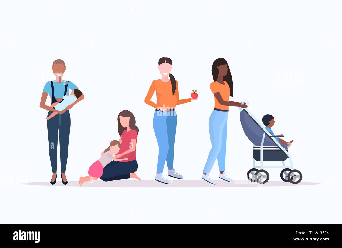 set mix race women with little kids pregnancy motherhood concept ...