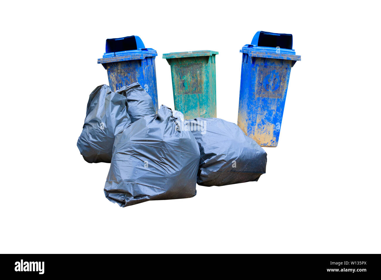 pile black garbage bag plastic and dustbin dirty on white background ...