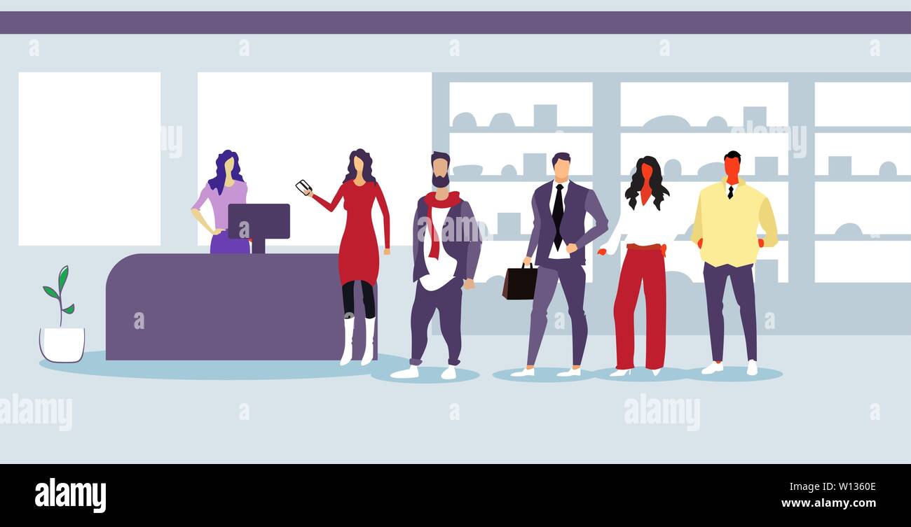 people customers standing line queue at cash desk with female cashier ...