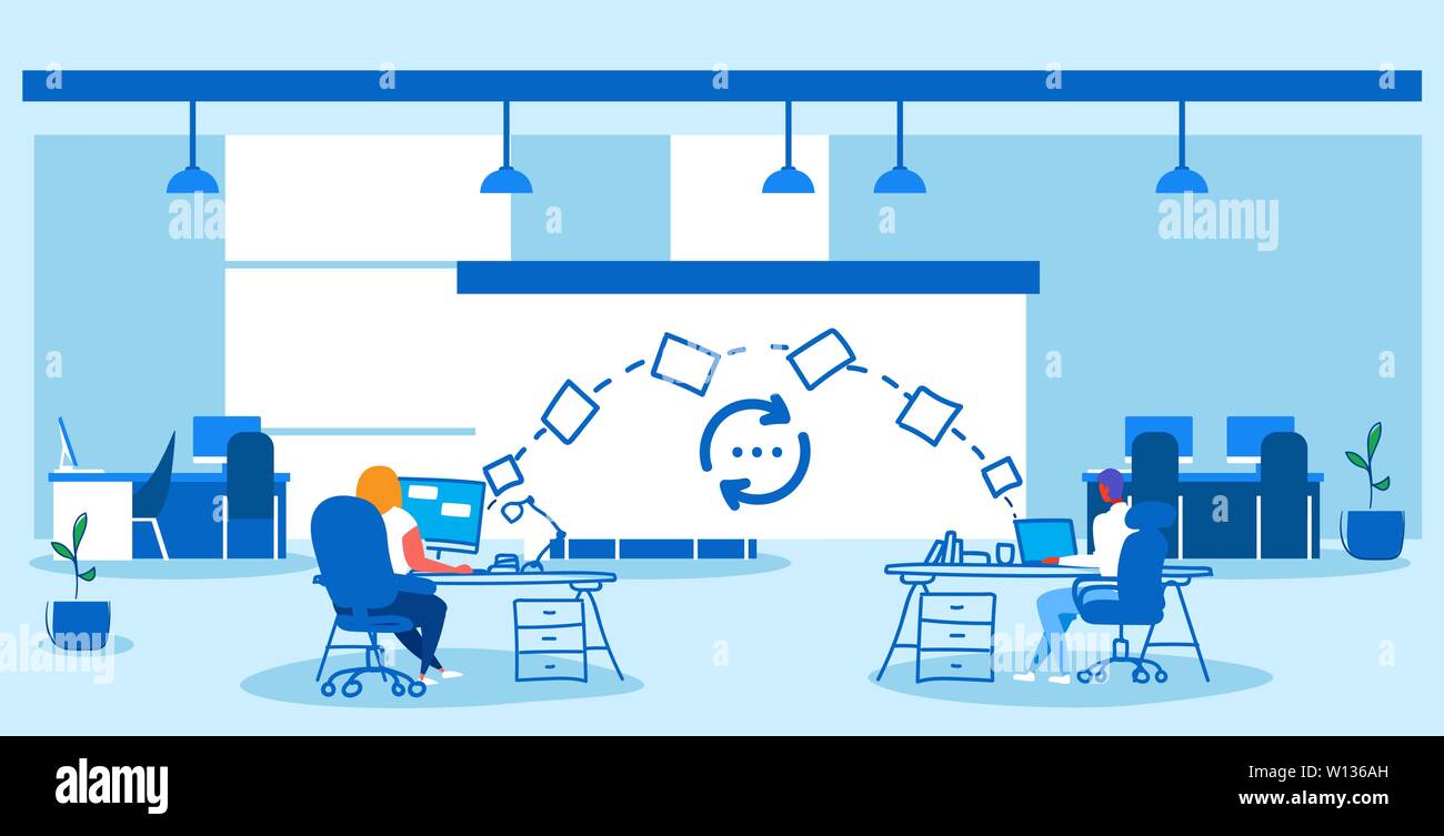 man woman coworkers transferring data folders sharing work files ...