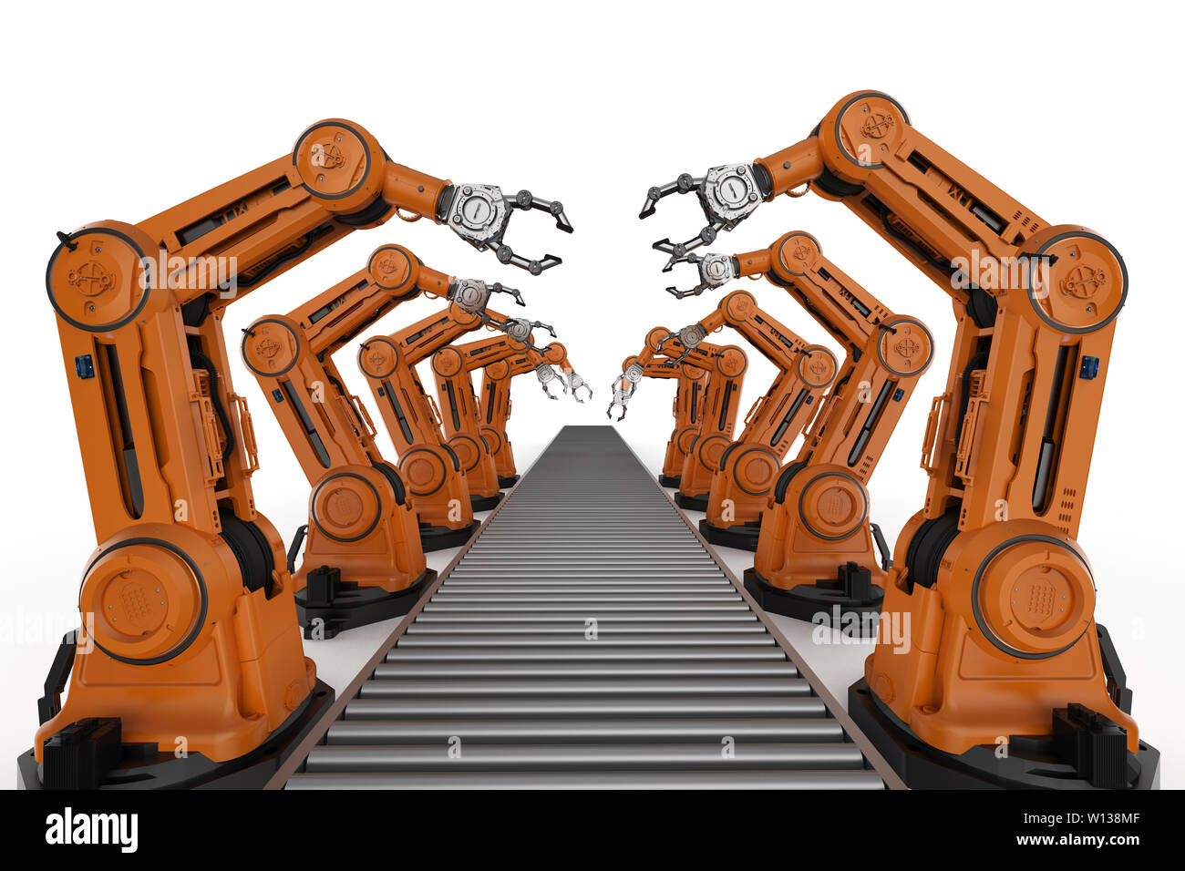 Automation industry concept with 3d rendering robot assembly line in ...